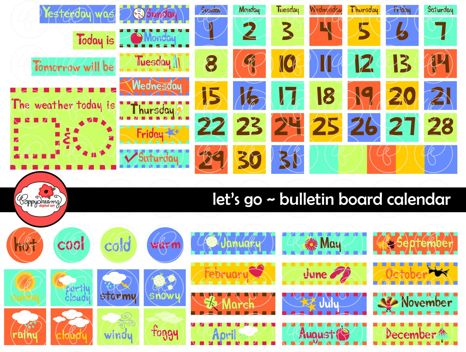 Let's Go Bulletin Board Calendar Clipart SET: 300 Dpi - Etsy