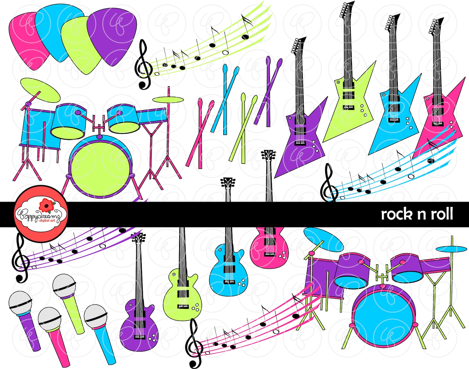 Rock N Roll Music Clipart Set (300 Dpi) Electric Guitar Drums ...
