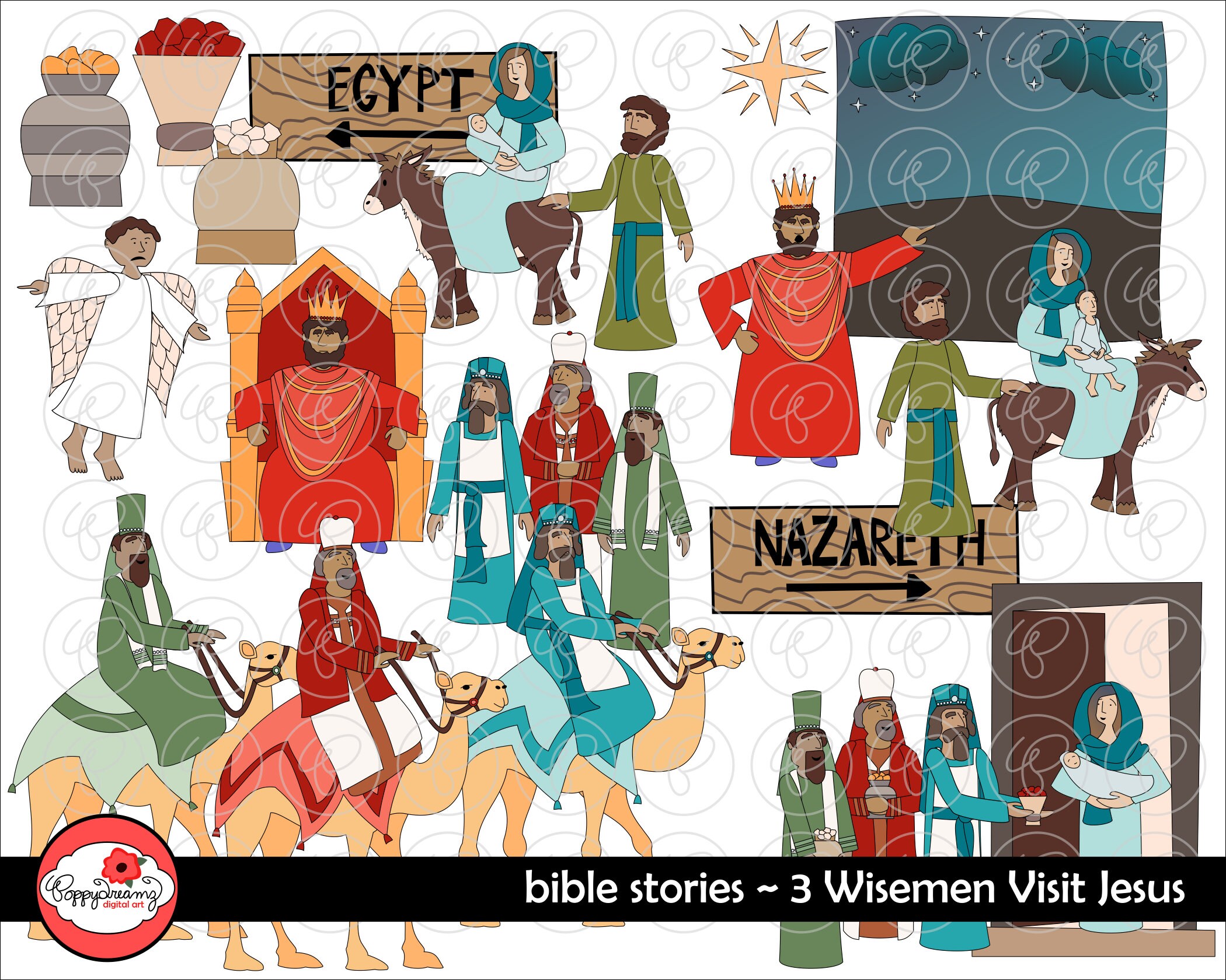 Bible Stories: 3 Wisemen Visit Baby Jesus Clipart Set by Poppydreamz ...