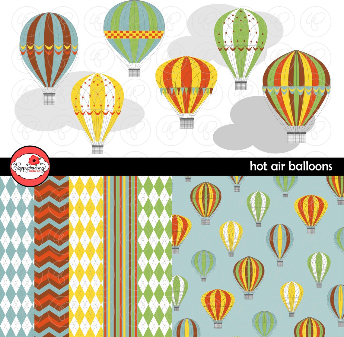 Hot Air Balloons Paper and Elements SET: Digital Scrapbook Paper Pack ...