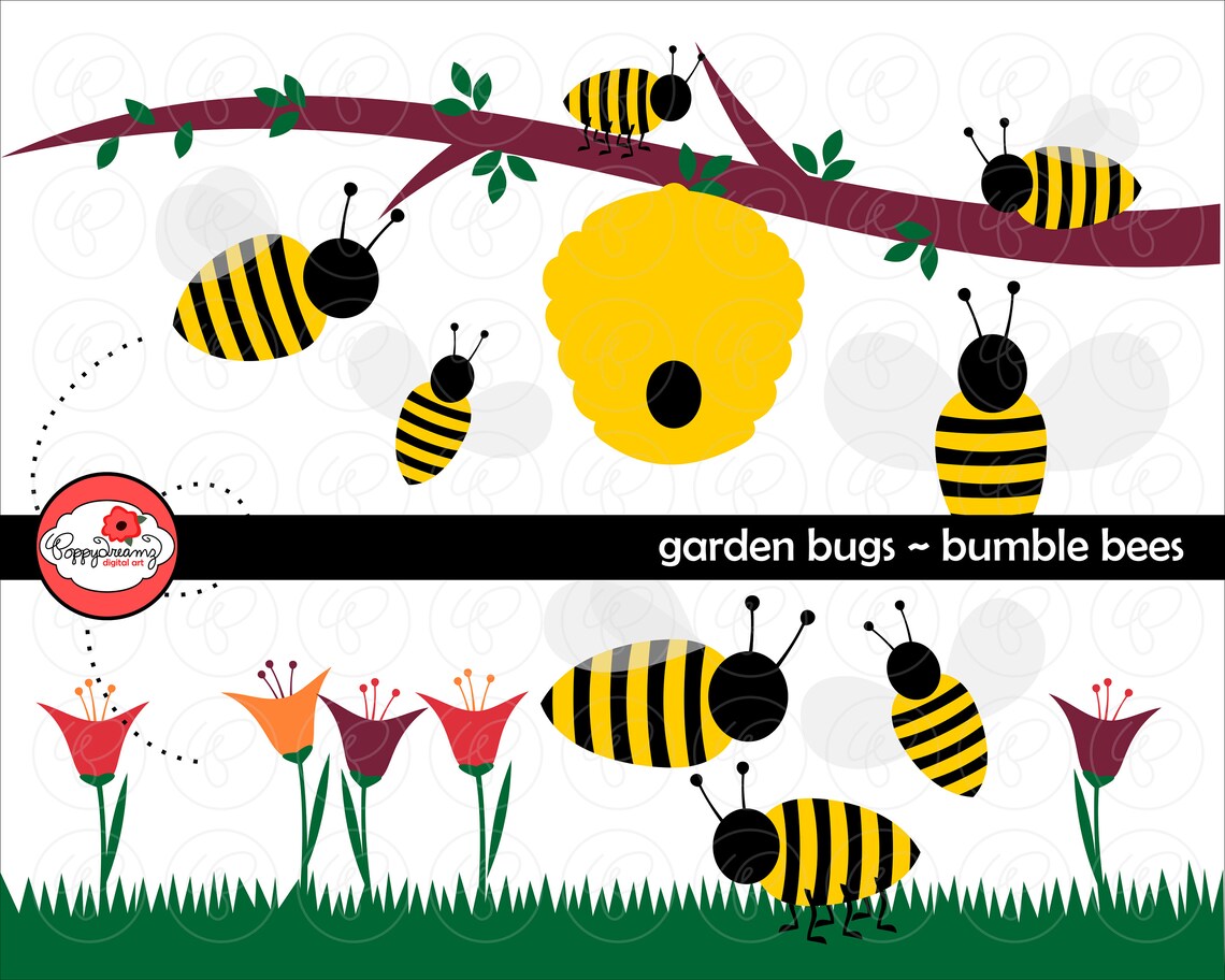 Bumble Bees: Clip Art Pack (300 Dpi Transparent Png) Digital Bumble Bee ...