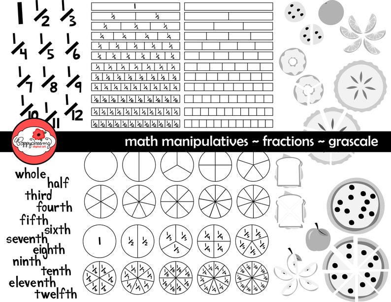 Math Manipulatives Fractions GRAYSCALE Clipart Set 300 Dpi School ...