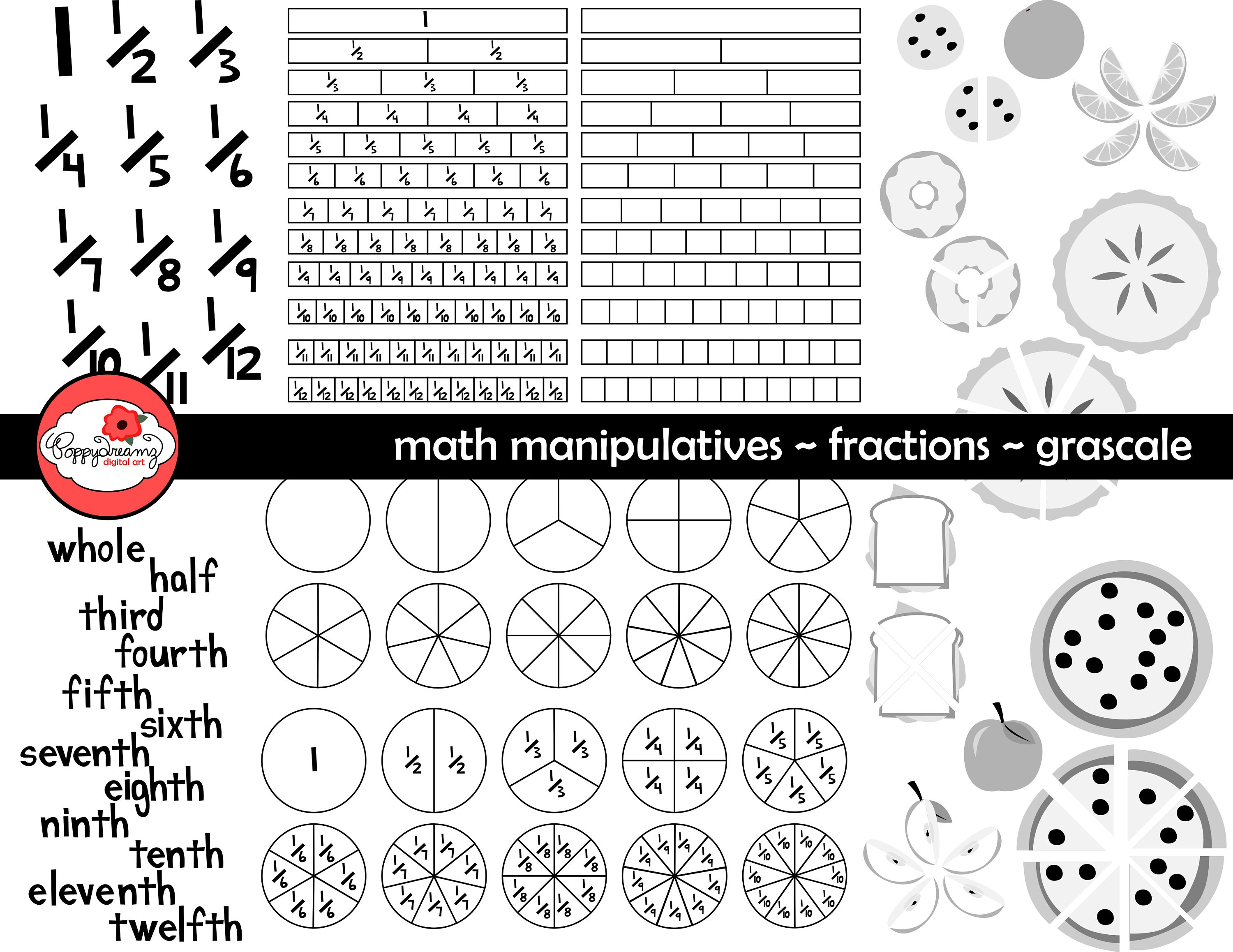 Math Manipulatives Fractions GRAYSCALE Clipart Set - (300 Dpi) School ...