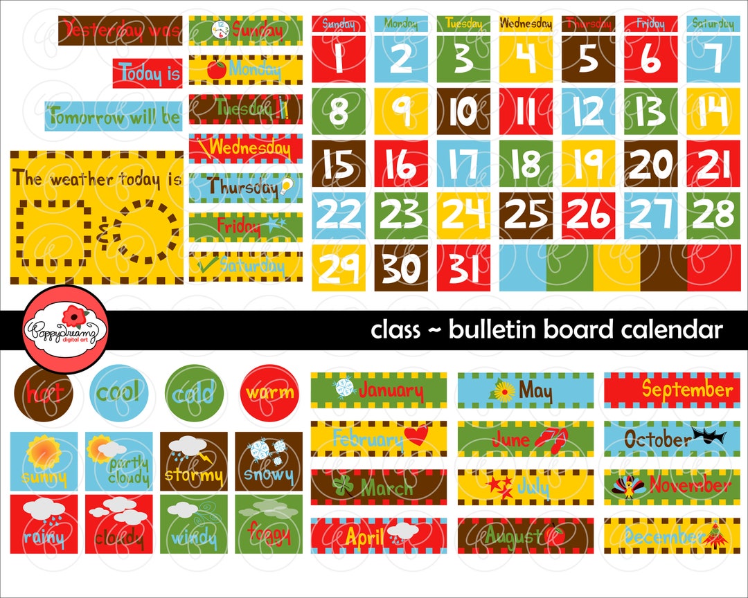 Class Bulletin Board Calendar Clipart SET: (300 Dpi) School Teacher ...