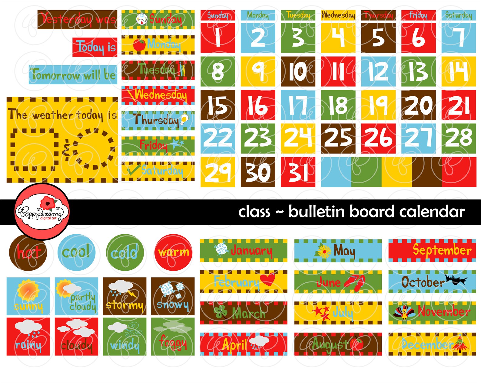 Class Bulletin Board Calendar Clipart SET: (300 Dpi) School Teacher ...