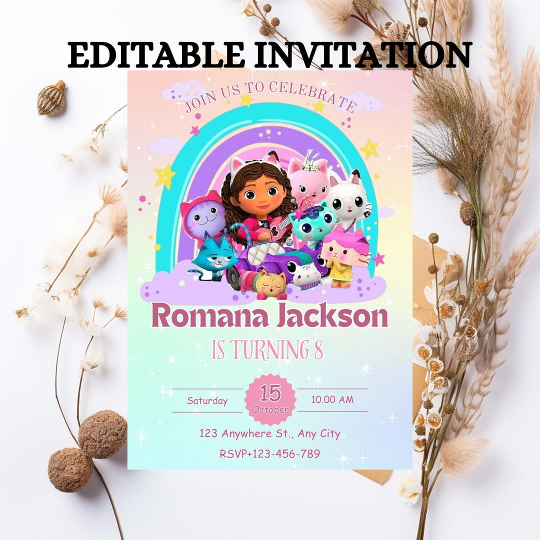 Editable Gabby's Dollhouse Birthday Invitation Template: Printable ...