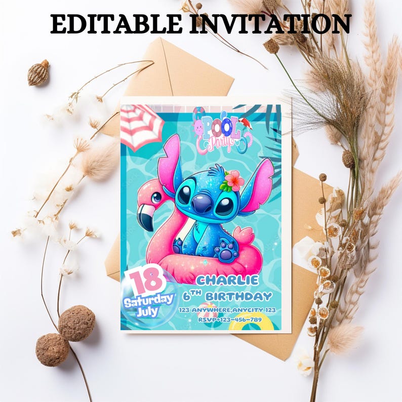 Stitch Pool Party Birthday Invitation for Girl Editable Stitch ...