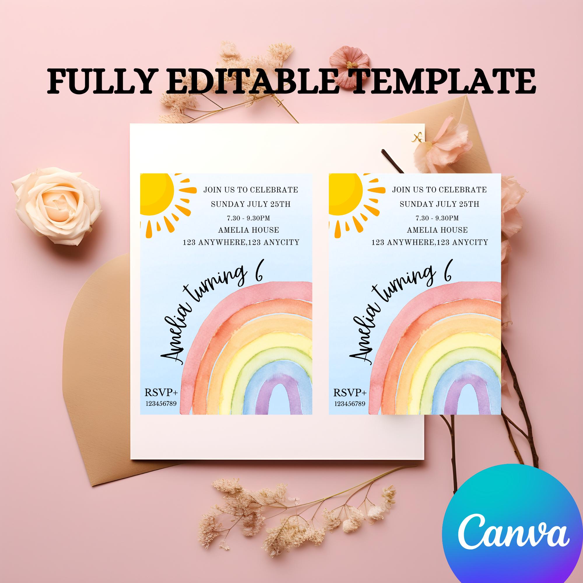 Watercolor Rainbow Birthday Party Invitation Template, Colorful Party ...
