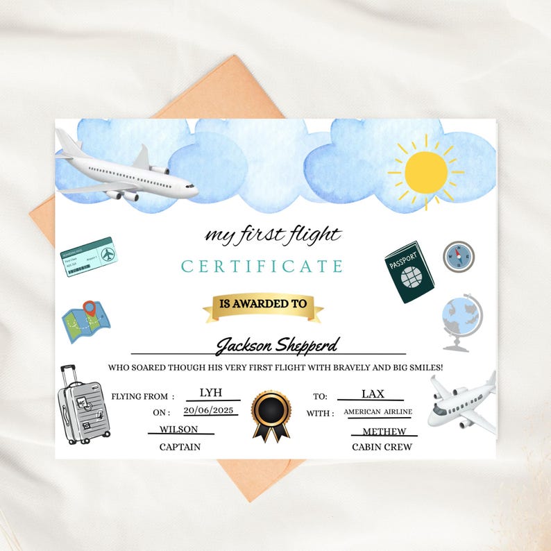 My First Flight Certificate, Certificate for Kids, First Flight Gift ...