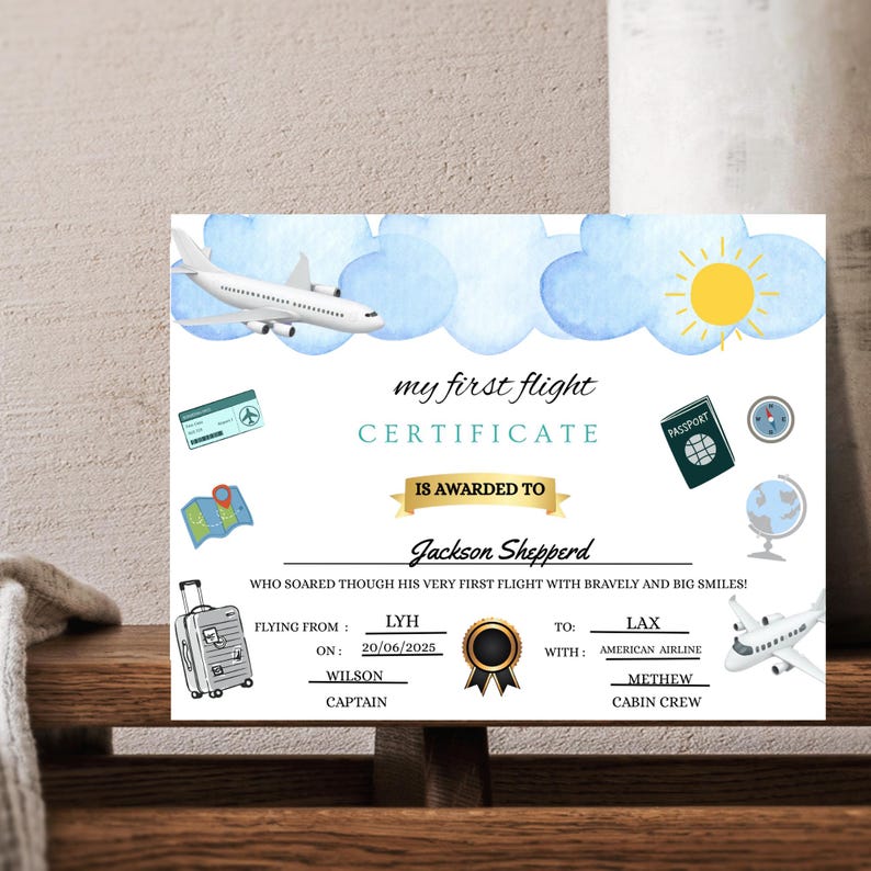 My First Flight Certificate, Certificate for Kids, First Flight Gift ...
