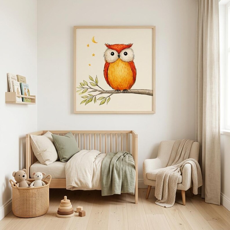 Watercolor Orange Owl Nursery Art, Woodland Animal Kids Print (digital ...