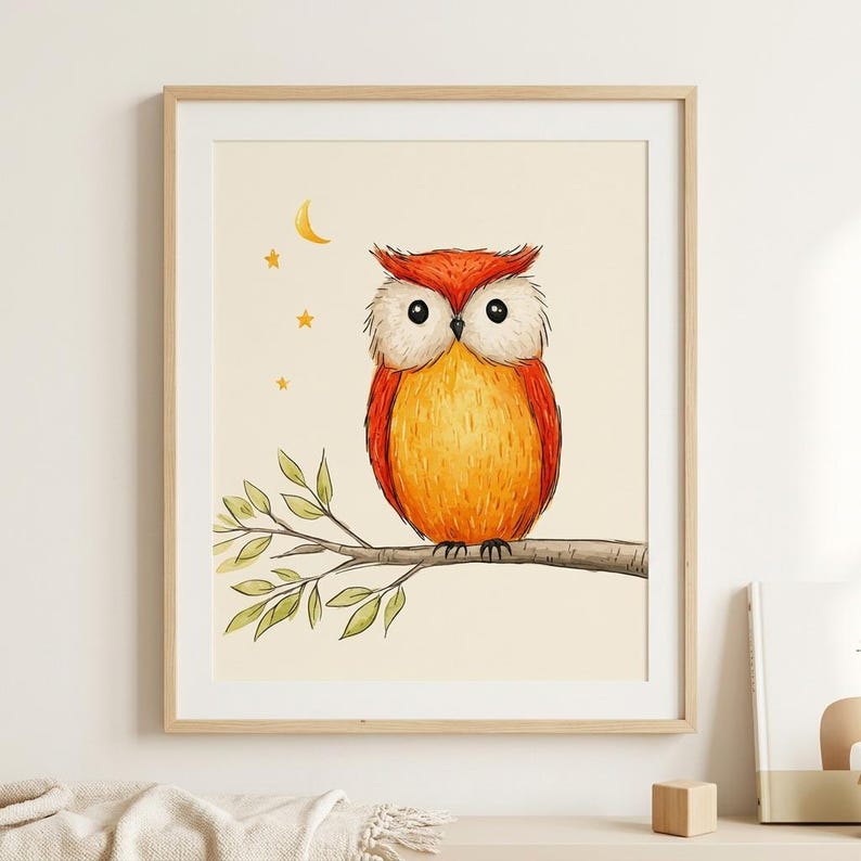 Watercolor Orange Owl Nursery Art, Woodland Animal Kids Print (digital ...