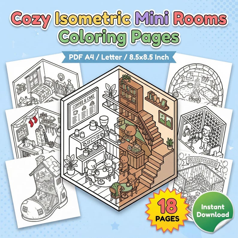 Isometric Rooms Coloring Pages | Kawaii Fantasy Interiors (digital ...