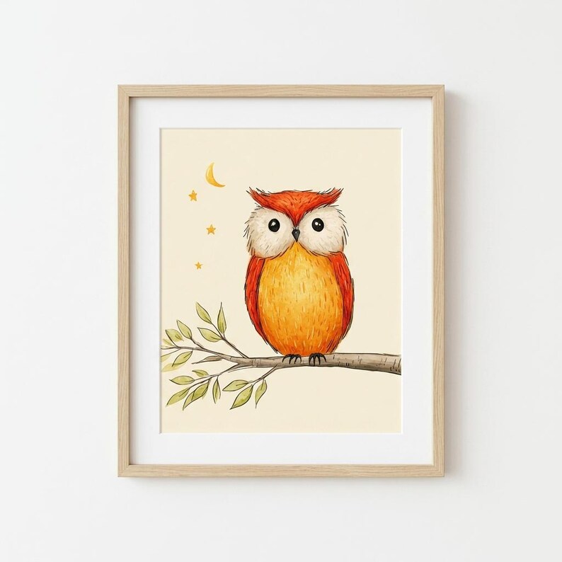 Watercolor Orange Owl Nursery Art, Woodland Animal Kids Print (digital ...