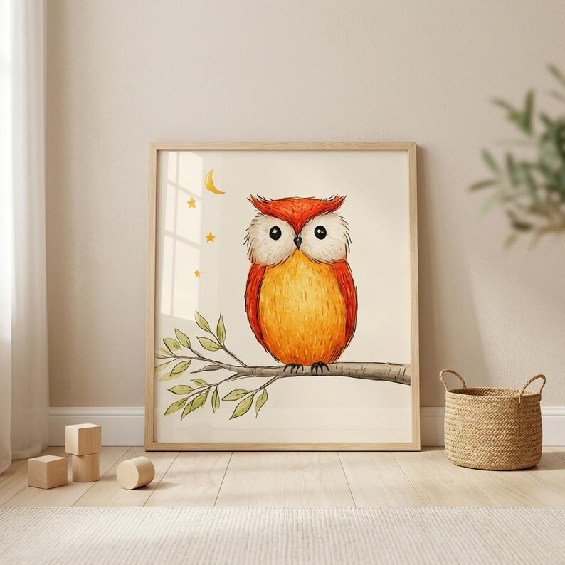 Watercolor Orange Owl Nursery Art, Woodland Animal Kids Print (digital ...