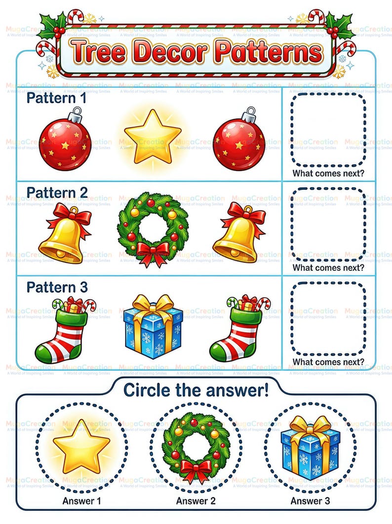Christmas Pattern Worksheets – Preschool Kindergarten Logic Game (PDF ...