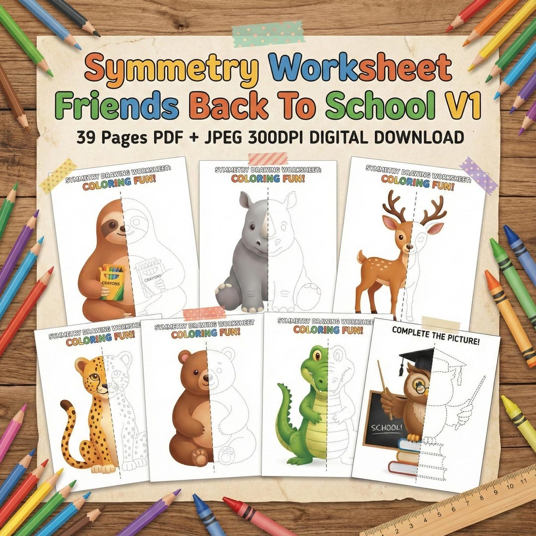 39 Symmetry Drawing Worksheets for Kids, Back to School Animal Activity ...