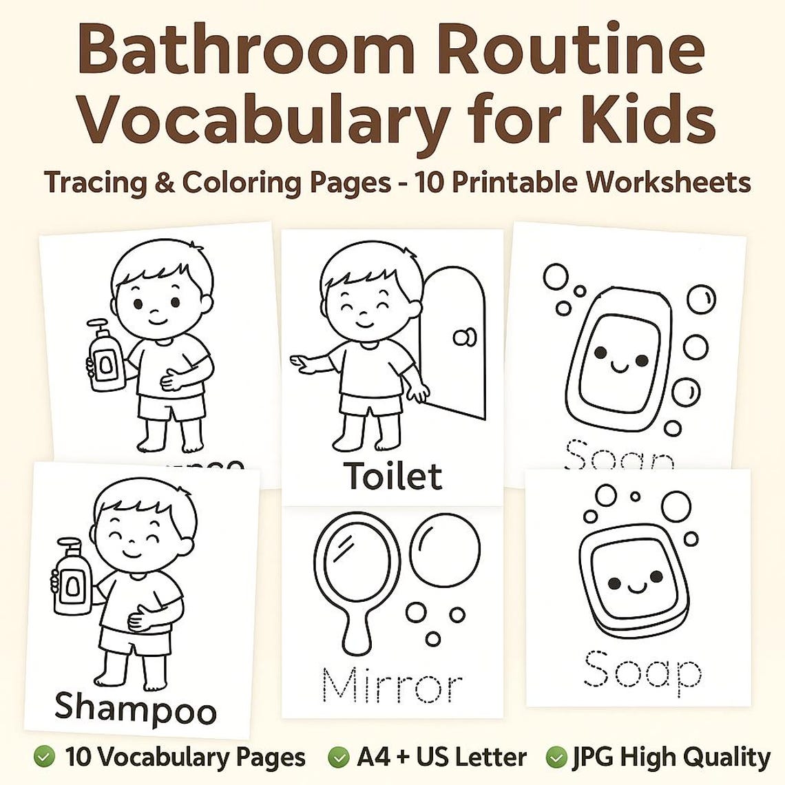 Bathroom Routine Vocabulary Coloring Pages | Preschool Tracing ...