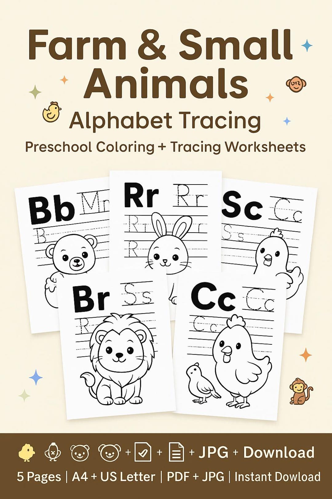 Farm Animal Alphabet Tracing Worksheets, Printable Letter Tracing PDF ...