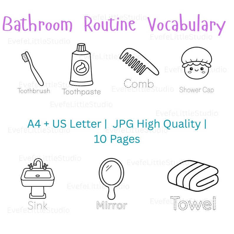 Bathroom Routine Vocabulary Coloring Pages | Preschool Tracing ...