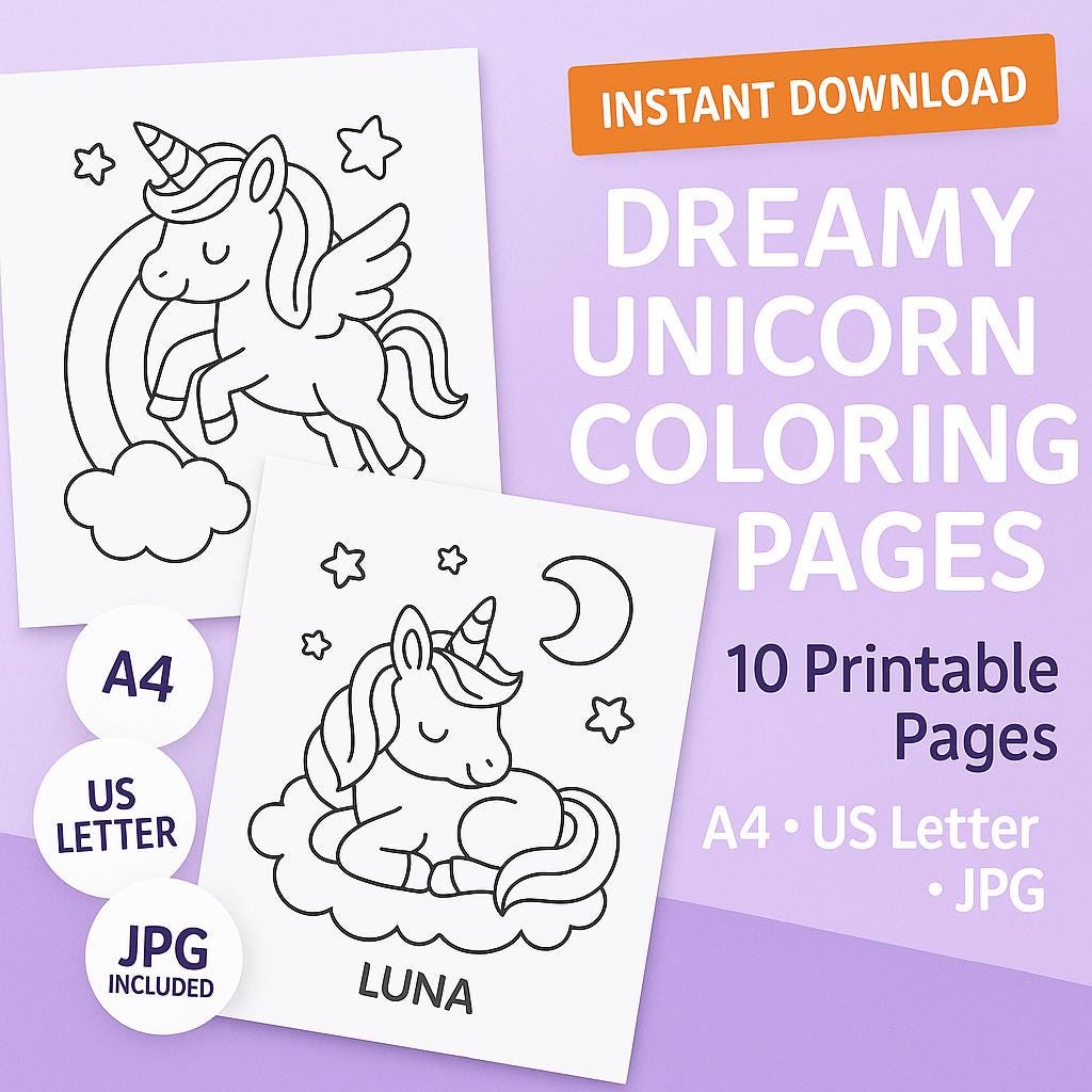 Dreamy Unicorn Coloring Pages for Girls | 10 Printable PDF + JPG | A4 ...