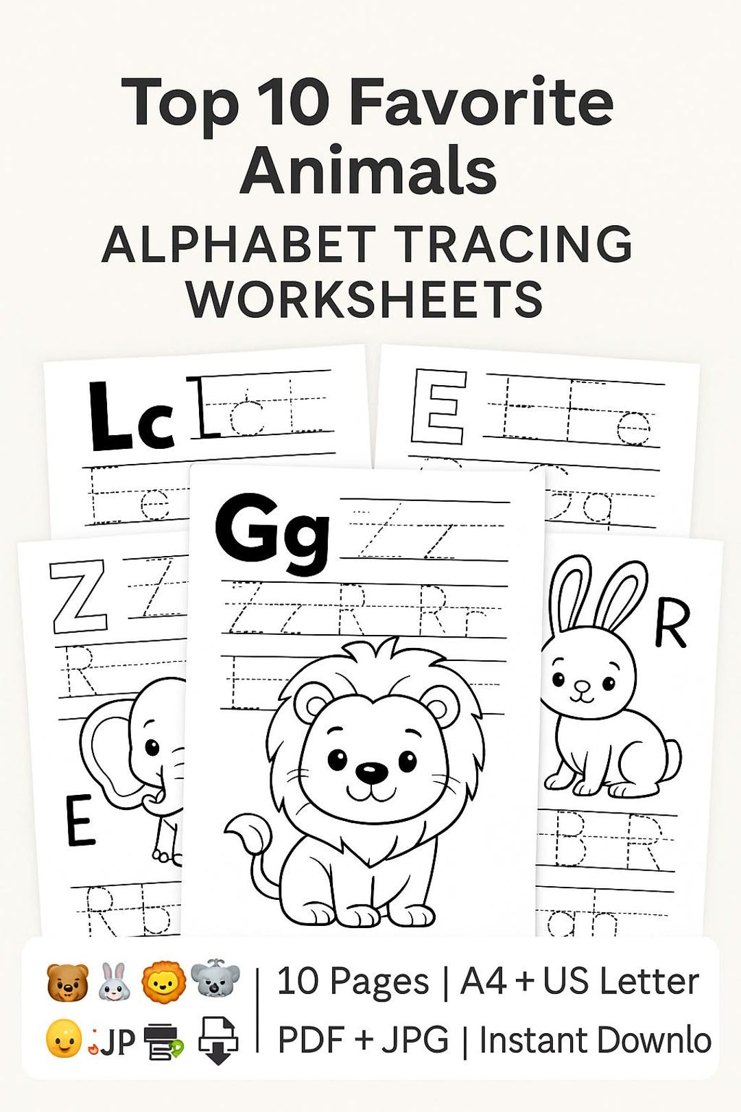 Top 10 Favorite Animals Alphabet Tracing Worksheets | Cute Animal ...