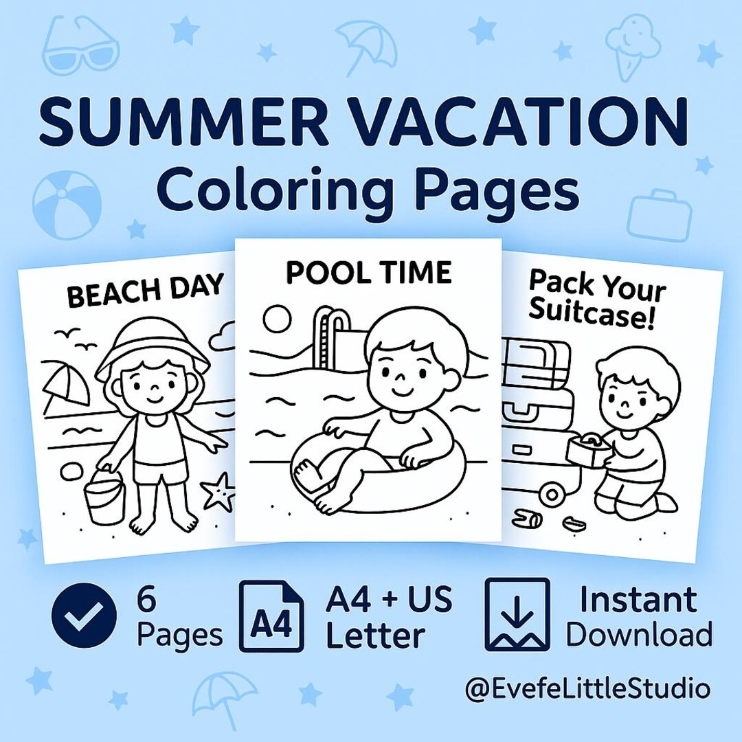 Summer Vacation Coloring Pages for Kids | Printable Beach Trip ...