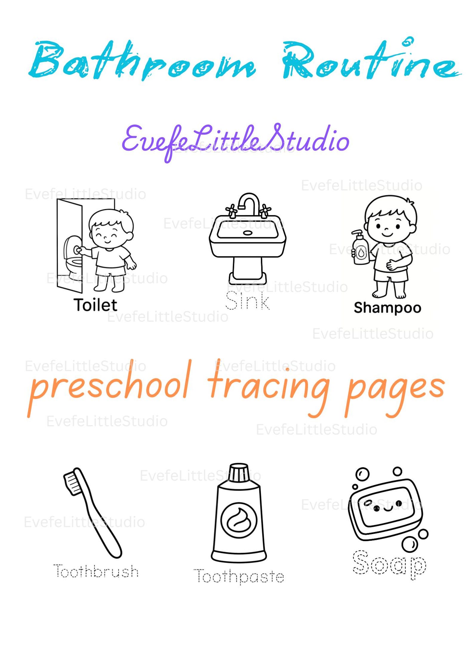 Bathroom Routine Vocabulary Coloring Pages | Preschool Tracing ...