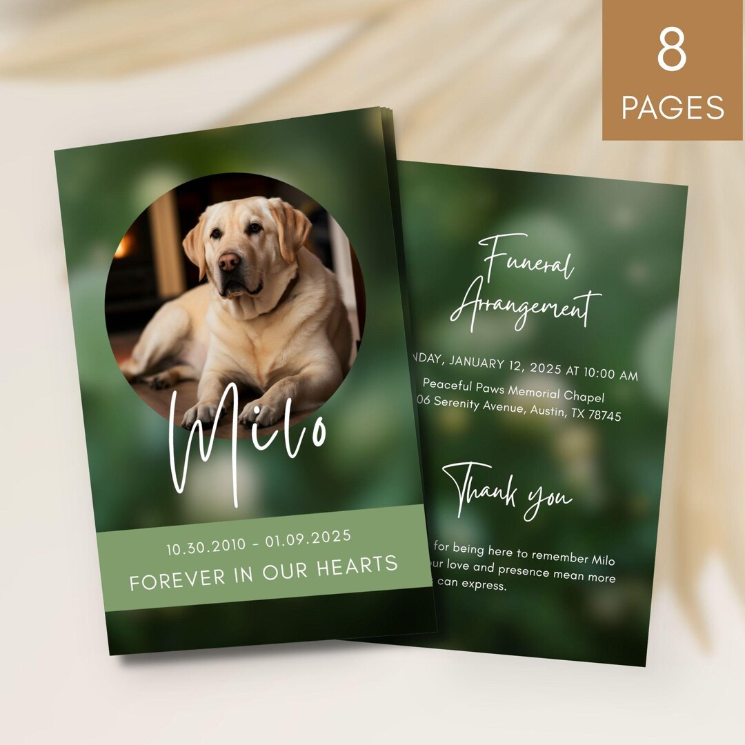 Pet Memorial Funeral Program Canva Template, Dog Obituary, Celebration ...