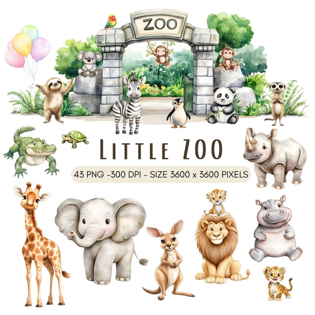 Zoo Watercolor Clipart Bundle | Cute Safari Jungle Animals PNG | Baby ...