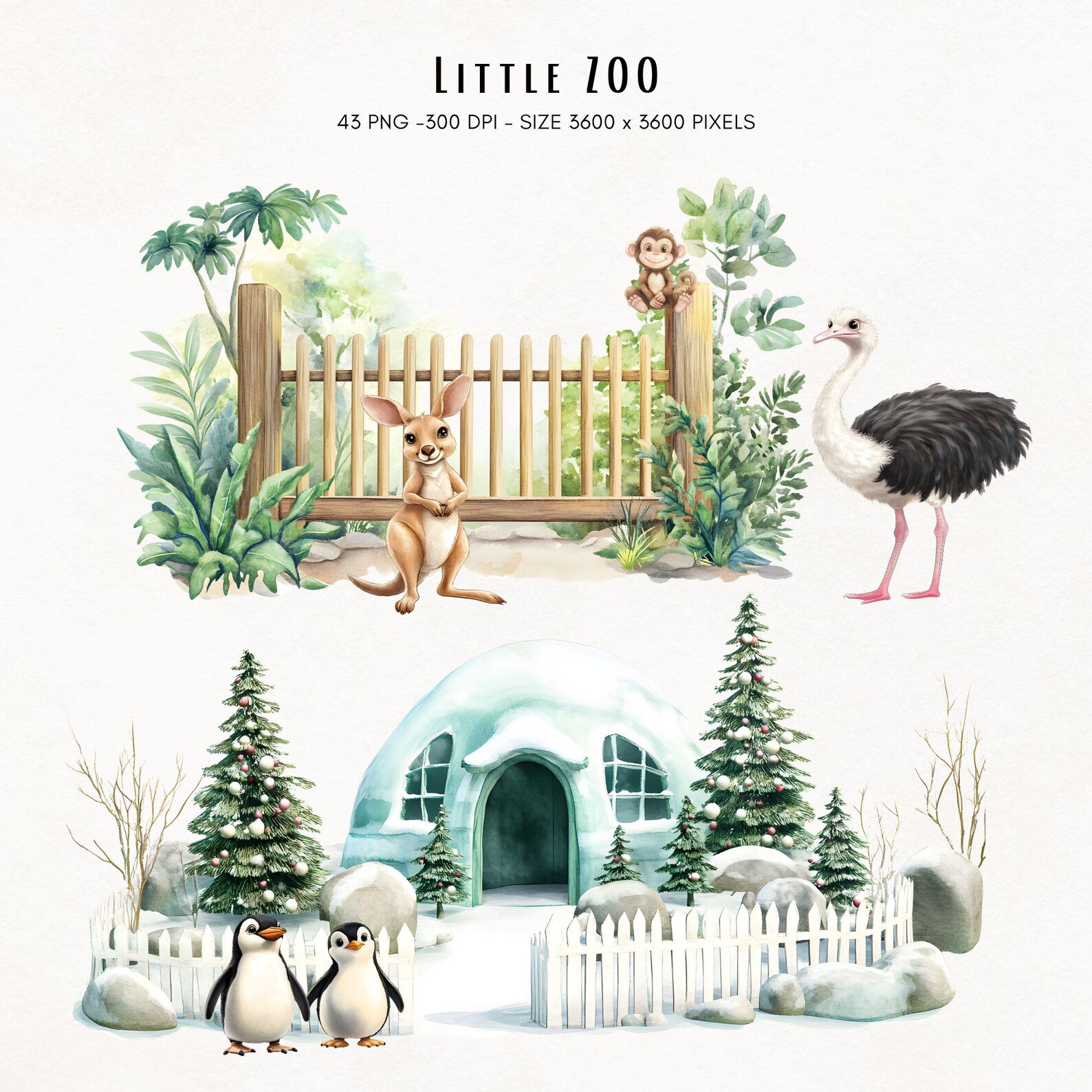 Zoo Watercolor Clipart Bundle | Cute Safari Jungle Animals PNG | Baby ...