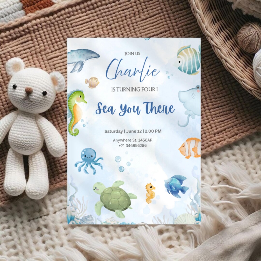 Editable Sea Creatures Card Invitation, Birthday Invitation Kids, Ocean ...