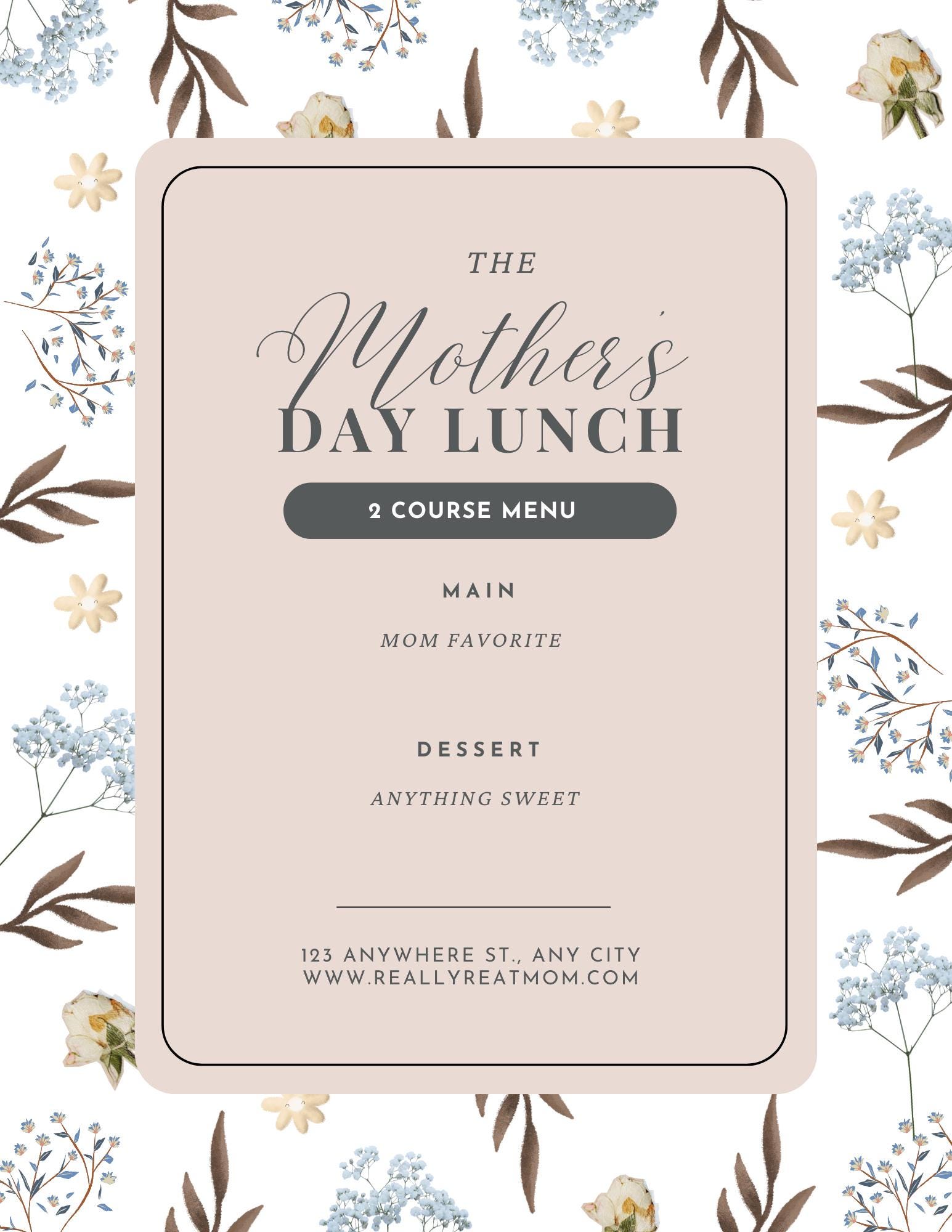 Mother's Day Menu for Brunch Lunch or Dinner Neutral Design - Etsy
