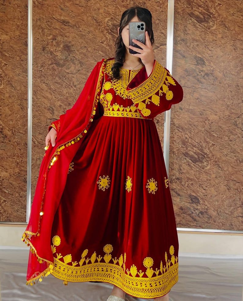 Afghan Red Traditional Dress for Women | Cherma Embroidered Pashtun ...