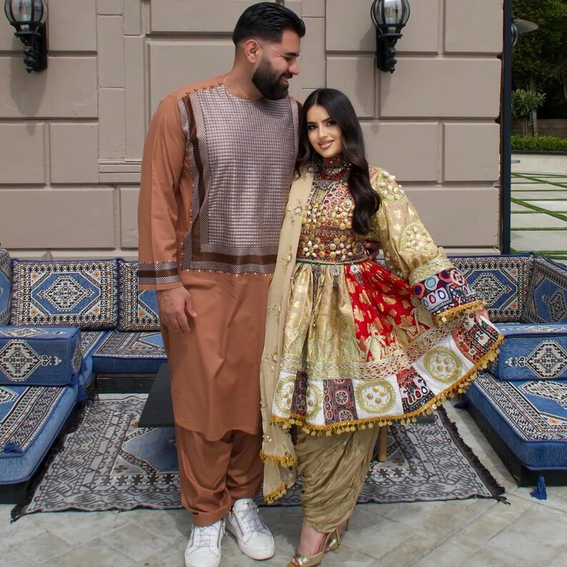 Golden Traditional Afghan Dress With Red Embroidery and Mirror Work ...