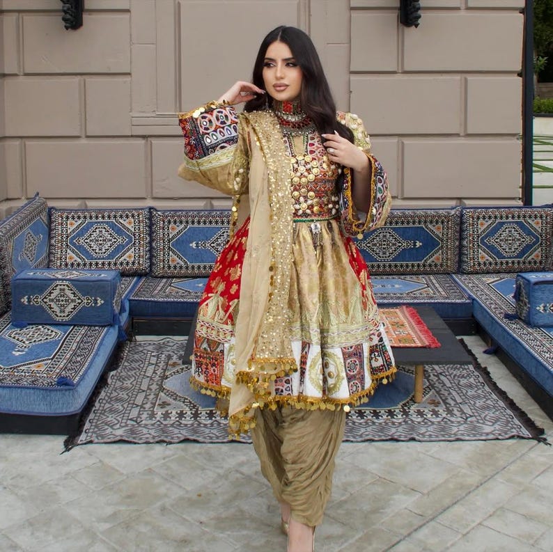 Golden Traditional Afghan Dress With Red Embroidery and Mirror Work ...