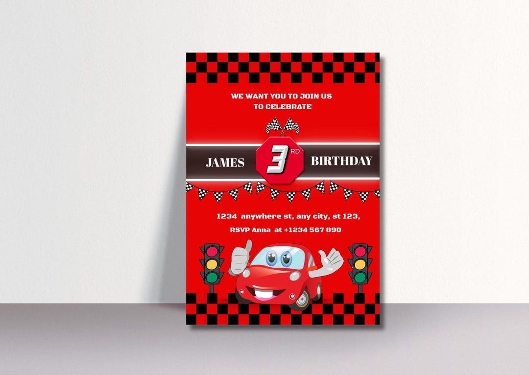 Car Birthday Card, Red Car Birthday Party Card, Printable Birthday Card ...