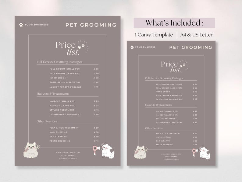 Pet Grooming Price List, Pet Salon Pricing Template, Editable Canva ...