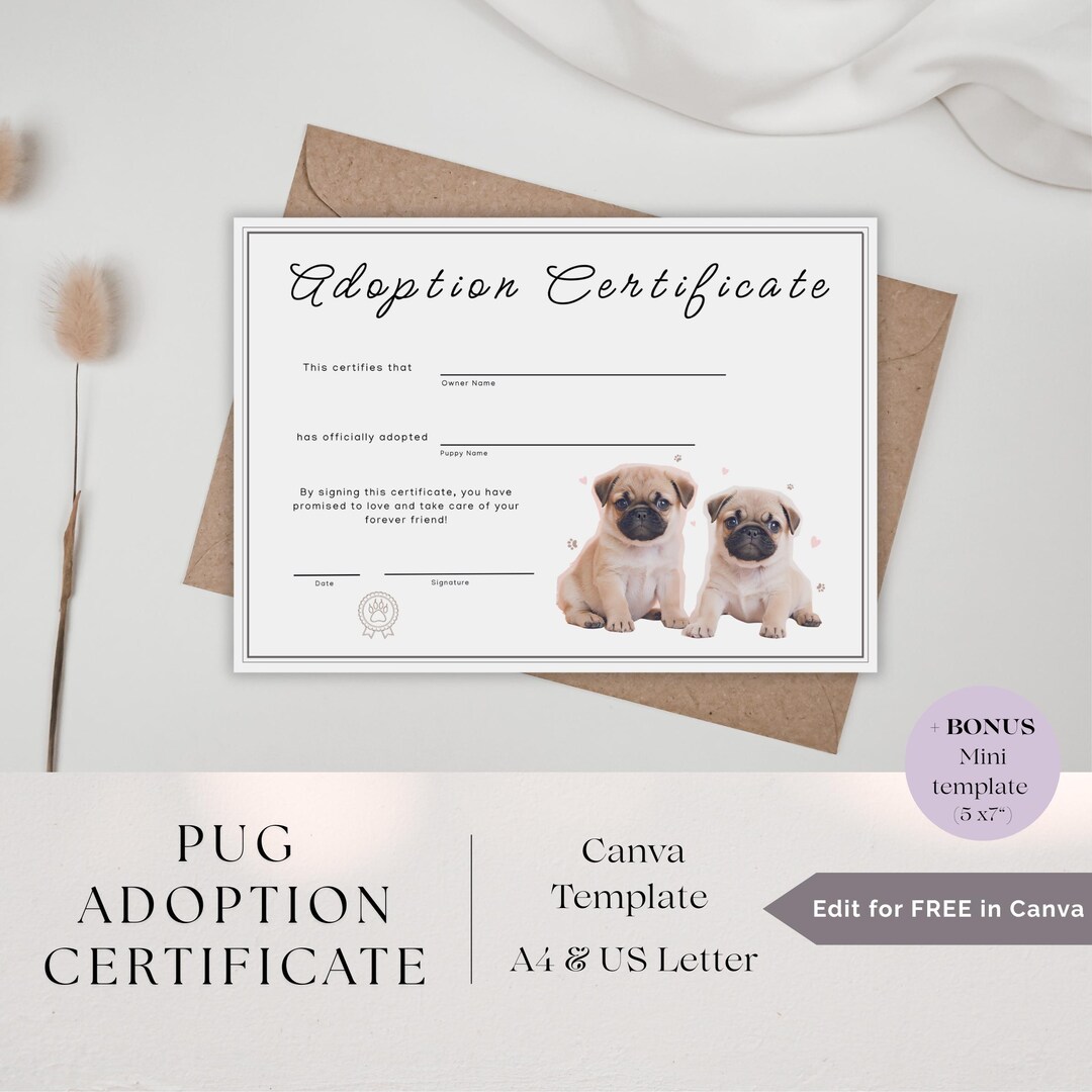 Pug Puppy Adoption Printable Certificate, Dog Adoption Editable Canva ...