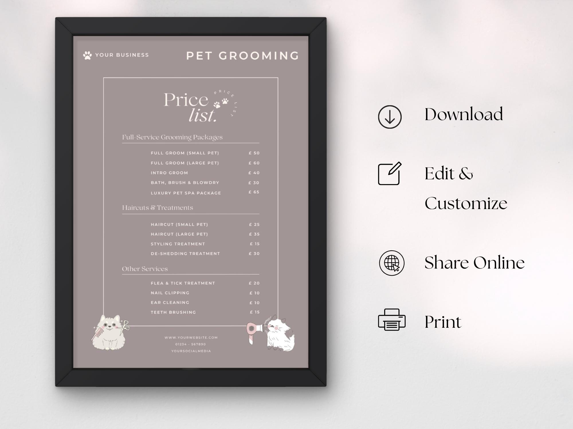Pet Grooming Price List, Pet Salon Pricing Template, Editable Canva ...