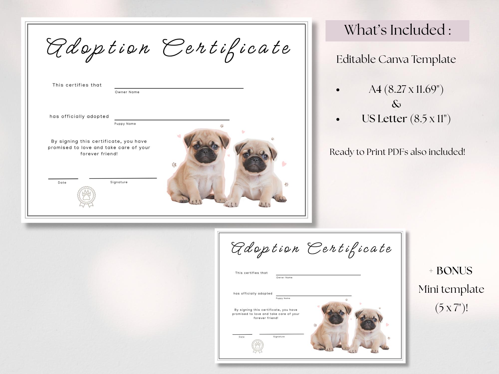 Pug Puppy Adoption Printable Certificate, Dog Adoption Editable Canva ...