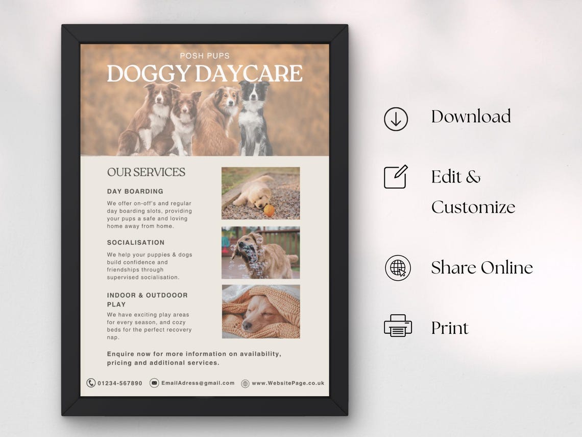 Doggy Daycare Flyer, Dog Boarding, Dog Care Canva Template, Dog Sitting ...