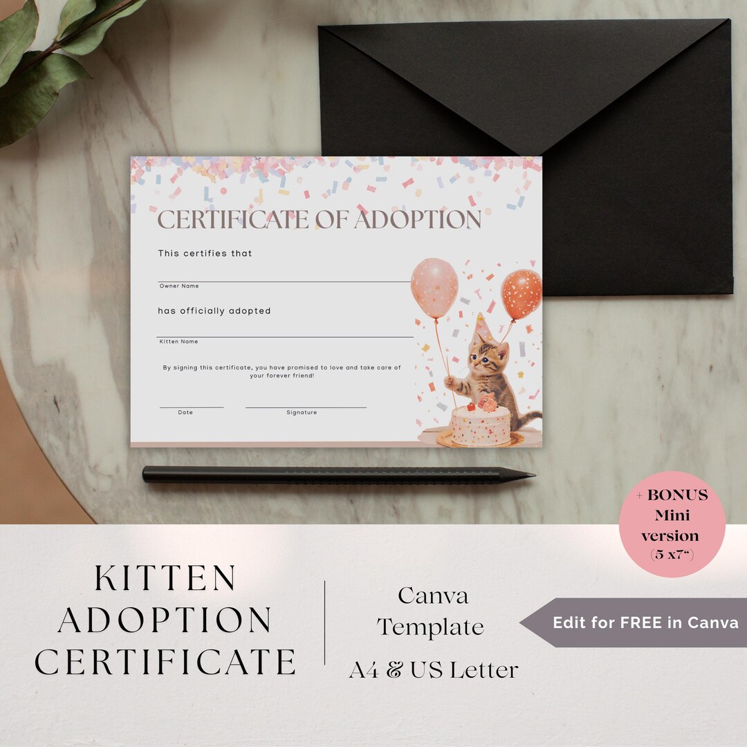 Kitten Adoption Editable Certificate, Printable Cat Adoption ...