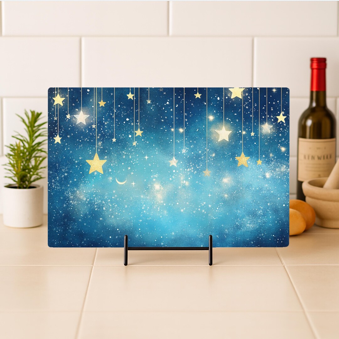 Starry Night Glass Cutting Board, Celestial Kitchen Art, Glitter Sky ...