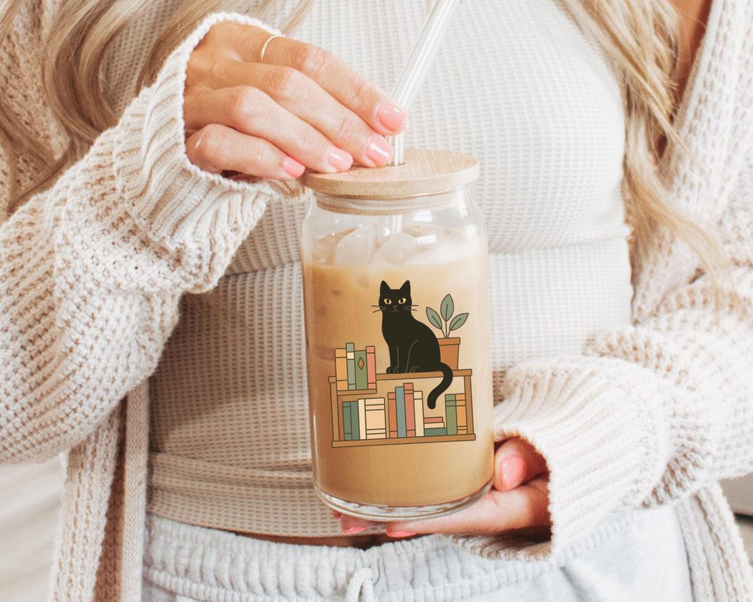 Black Cat on Bookshelf Sipper Glass With Straw, Cozy Drinkware for Cat ...