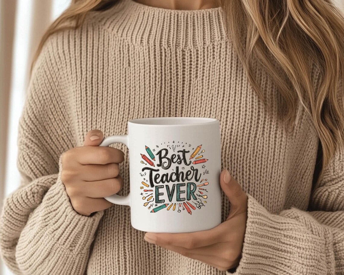 Best Teacher Ever Mug, Typography Teacher Coffee Mug 11oz, Watercolor ...
