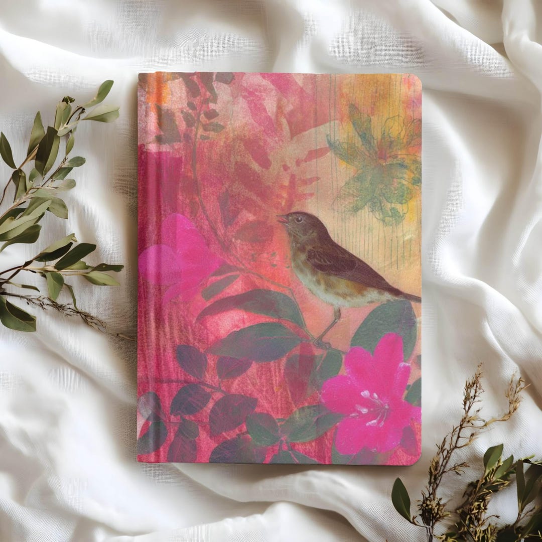 Floral Bird Hardcover Notebook, Pink Garden Art Lined Journal ...