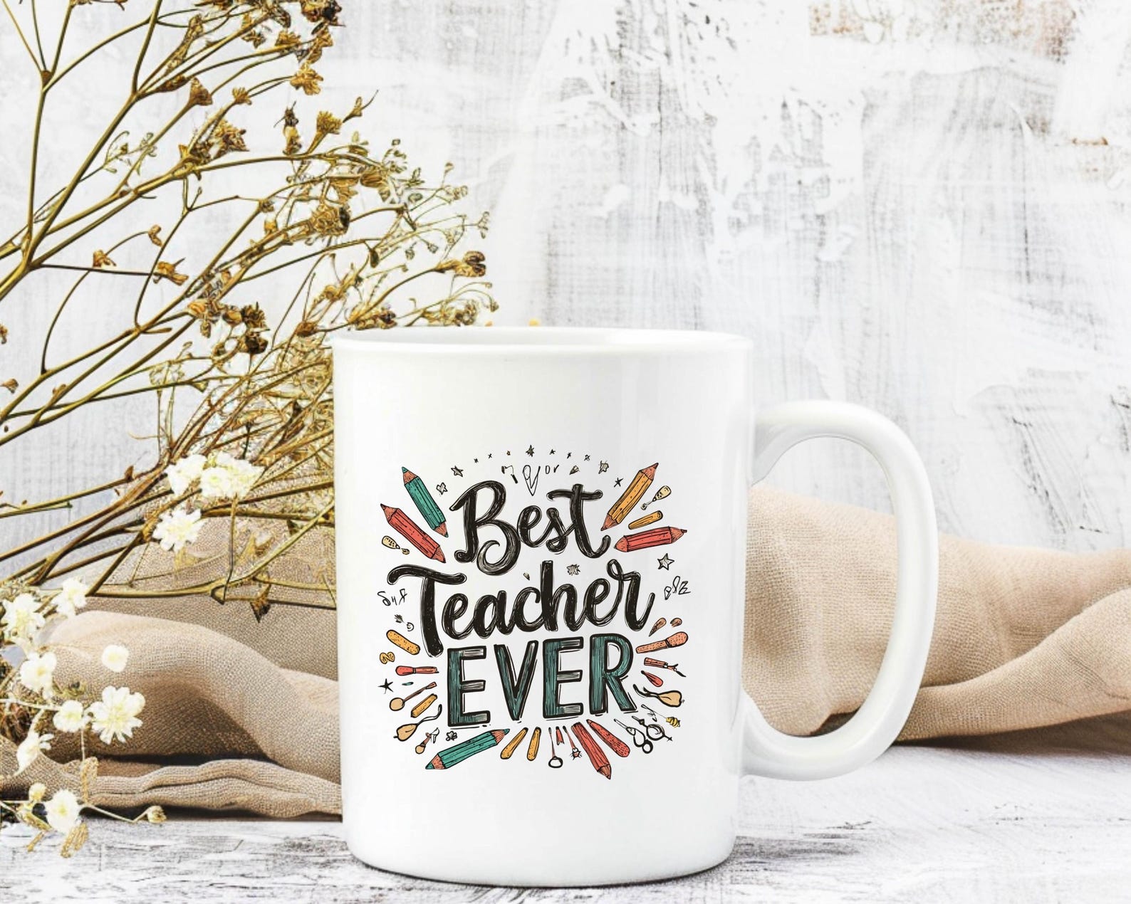 Best Teacher Ever Mug, Typography Teacher Coffee Mug 11oz, Watercolor ...