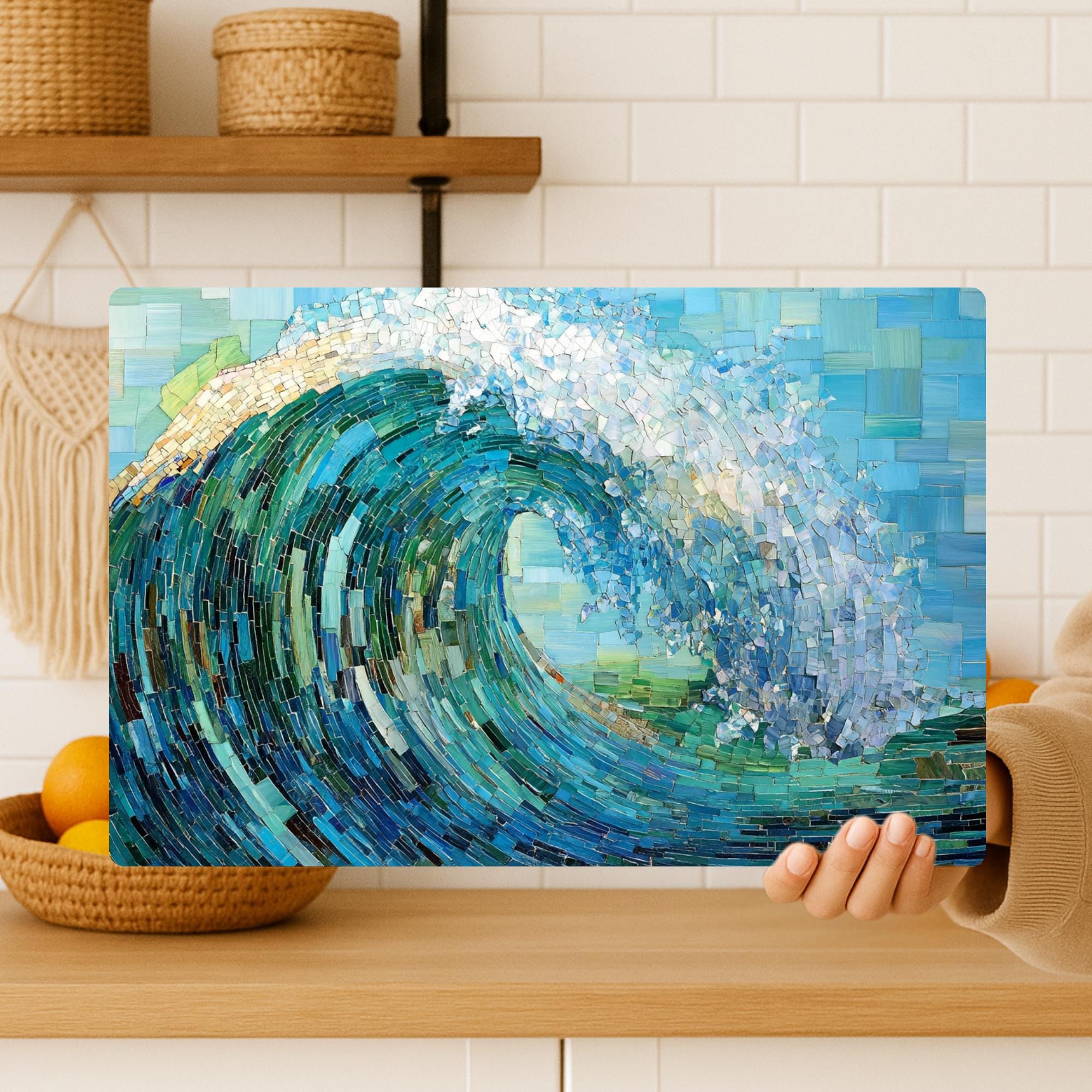 Wave Mosaic Cutting Board, Ocean Coastal Kitchen Art, Aqua Blue Serving ...