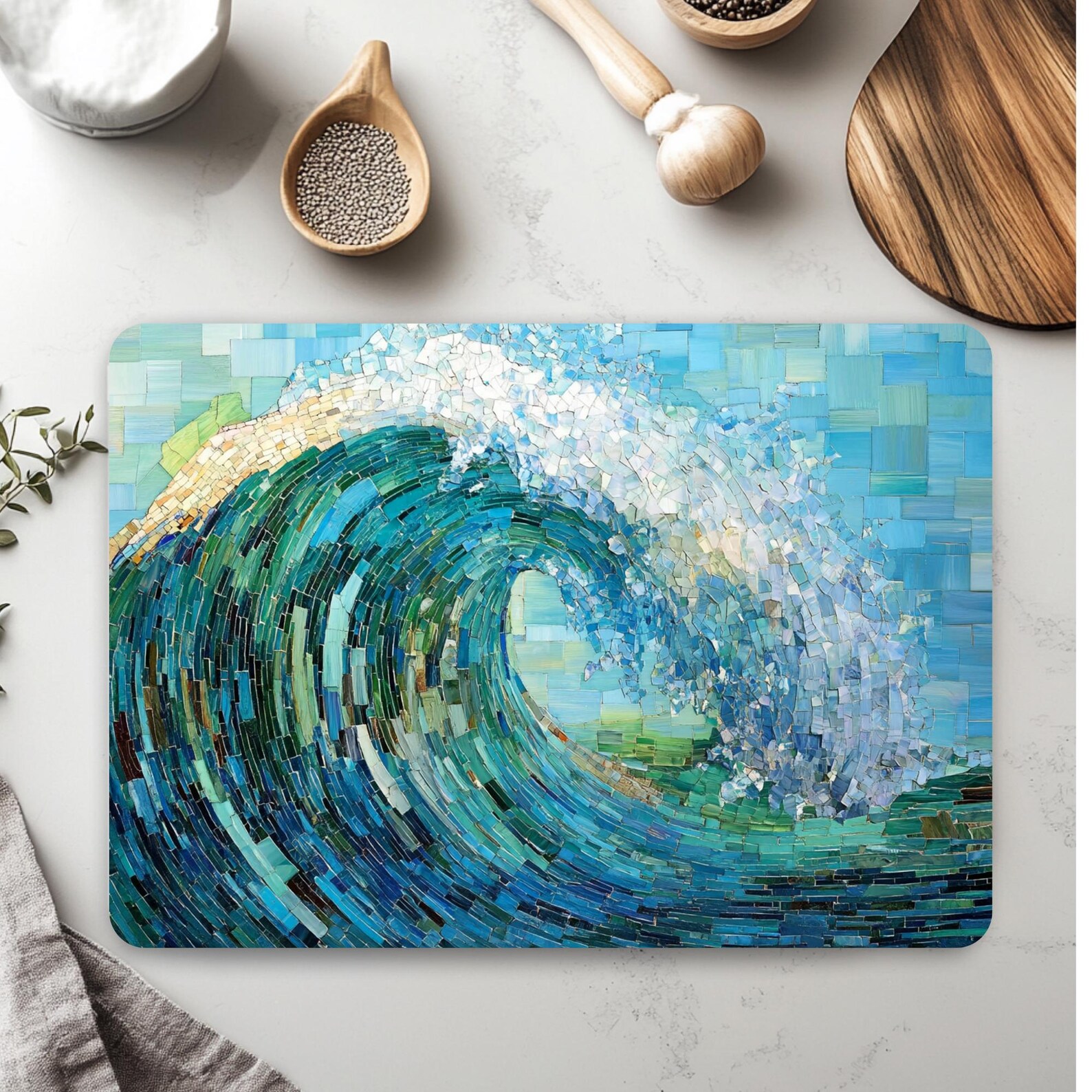 Wave Mosaic Cutting Board, Ocean Coastal Kitchen Art, Aqua Blue Serving ...